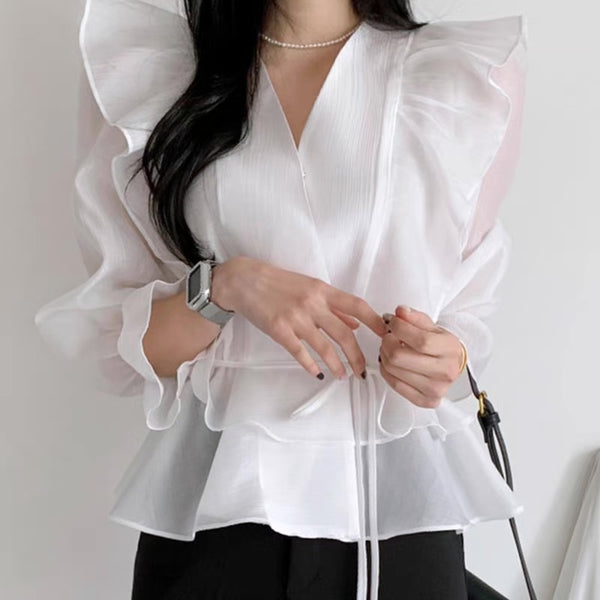 Long Sleeve Belted Chiffon Blouse with Ruffled Shoulder and Hems ...