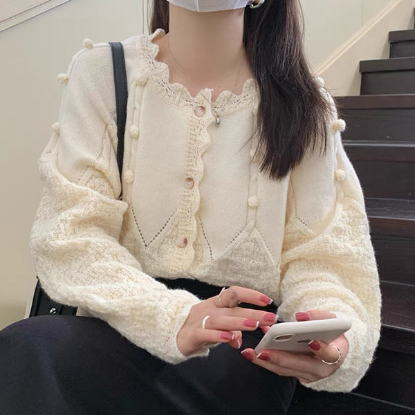3D Hand Knit Pom-Pom Cardigan with Scalloped Neckline – MyDearCloset