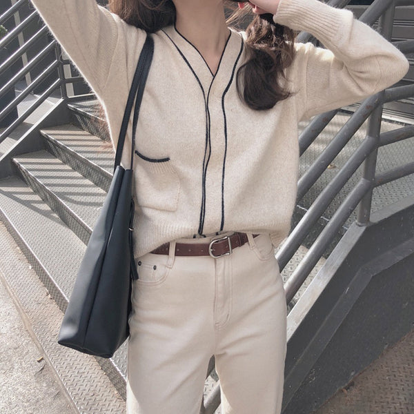 Minimalist Ivory Contrast Trim V-Neck Cardigan with Invisible Buttons ...