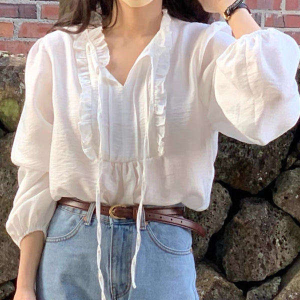 French Romance Ruffled V-Neck Ribbon Tie Blouse – MyDearCloset